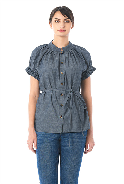 Shop Ruched cotton chambray blouse | eShakti