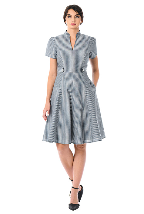 Shop Button tab waist stripe cotton dress | eShakti