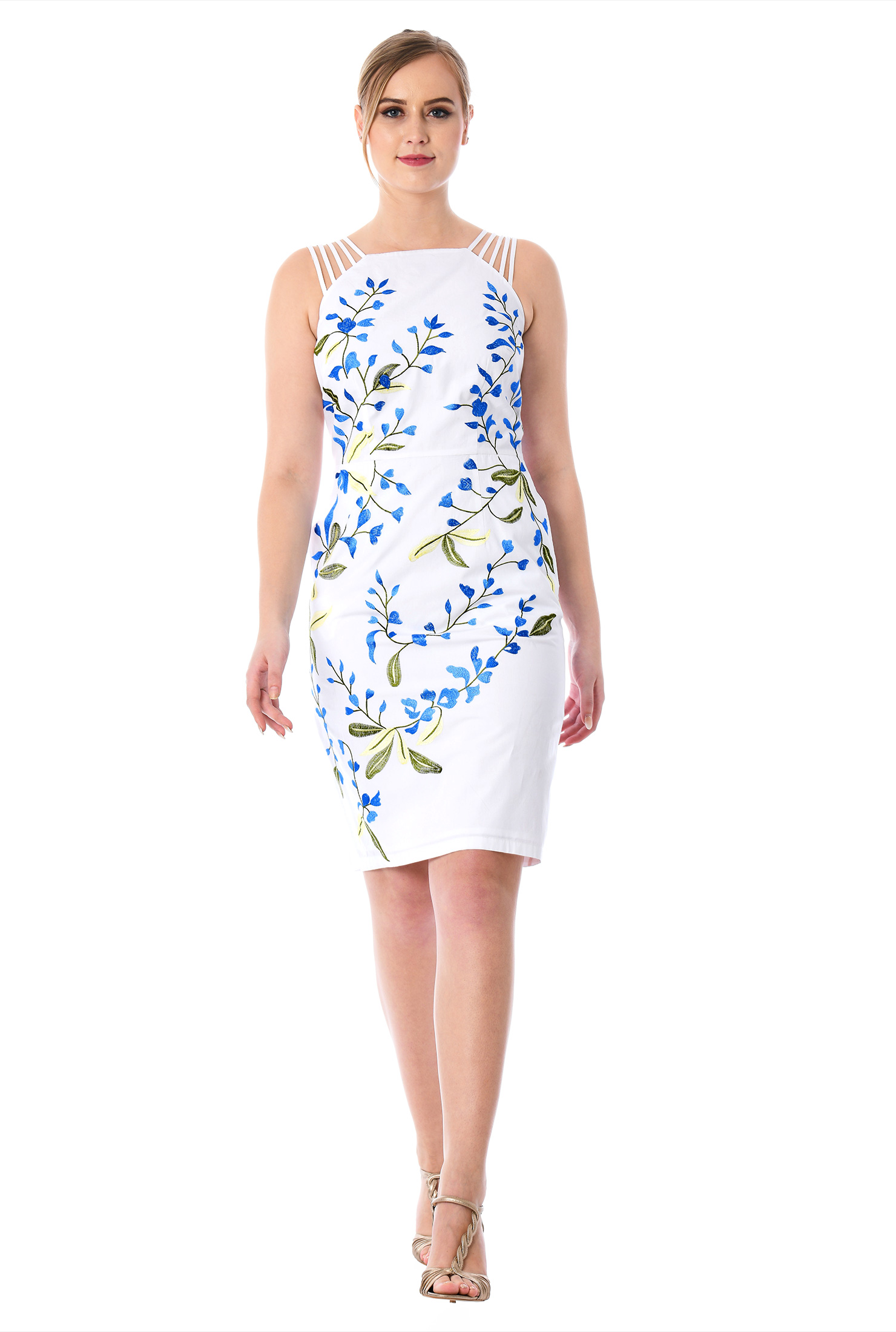 Shop Floral embellished poplin strappy sheath dress | eShakti