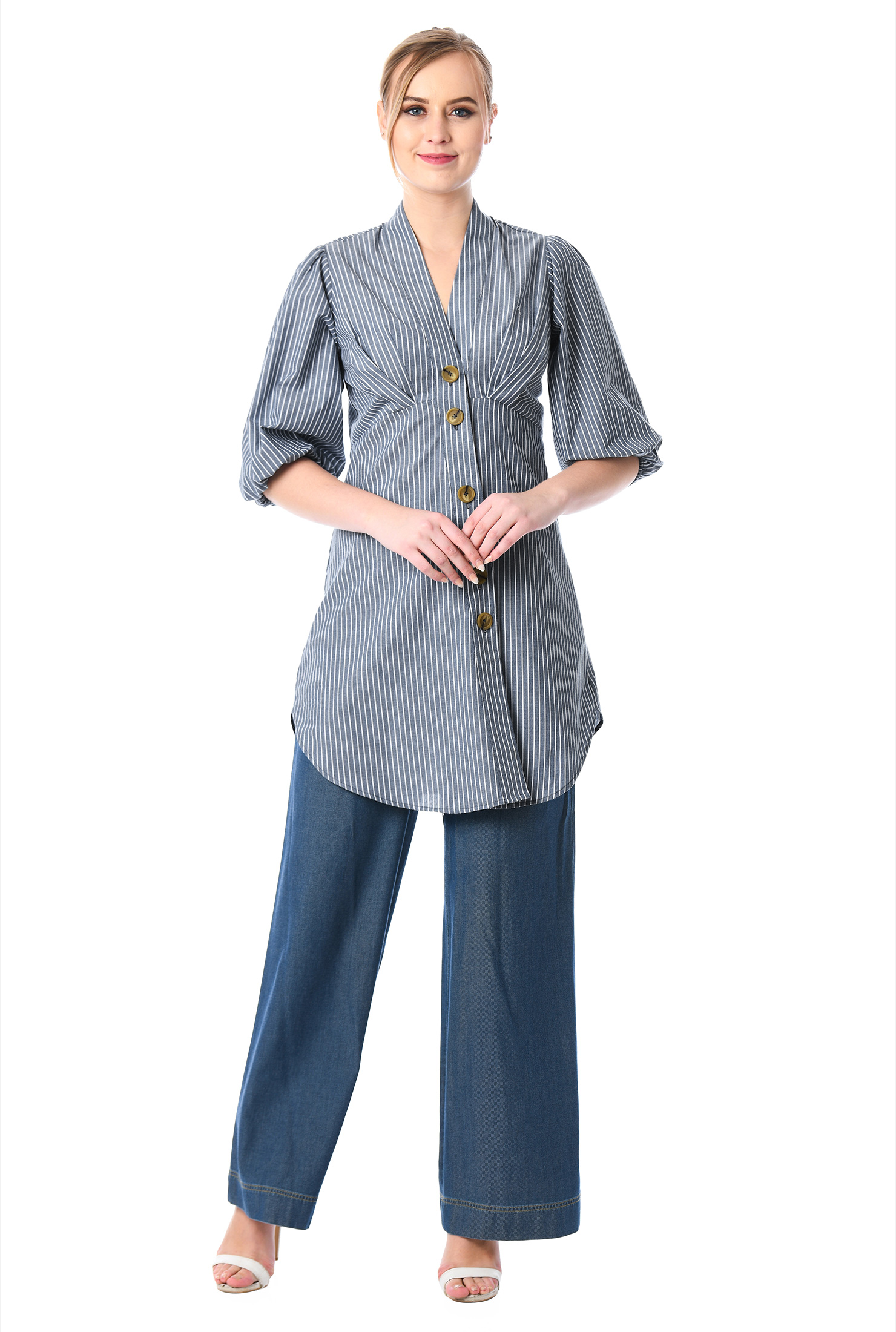 Shop Pinstripe cotton asymmetric button empire tunic | eShakti