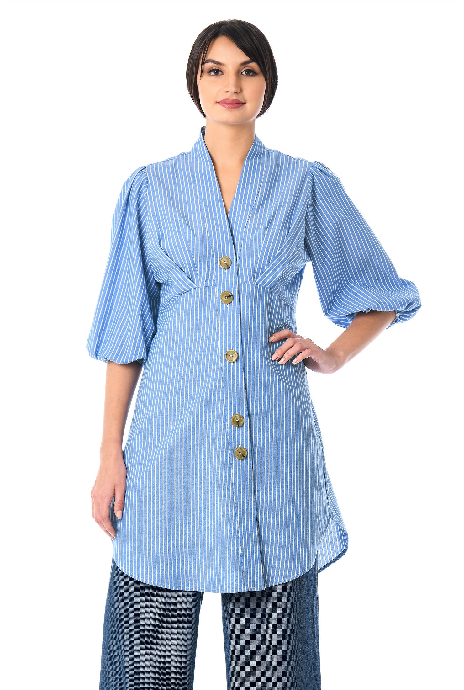 Shop Pinstripe cotton asymmetric button empire tunic | eShakti