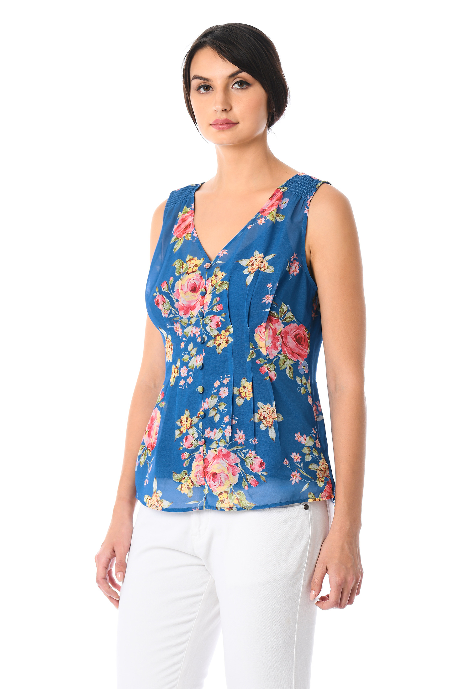 Shop Smocked shoulder rose print georgette top | eShakti