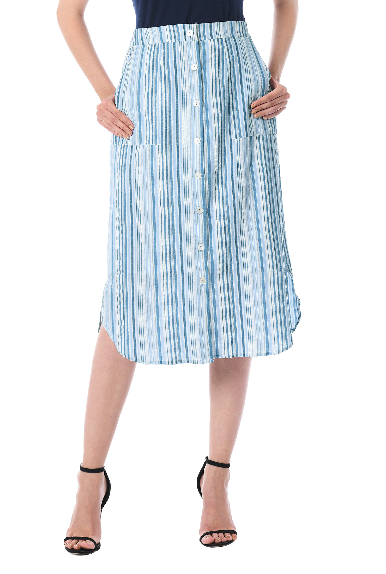Shop Button front cotton seersucker stripe skirt | eShakti