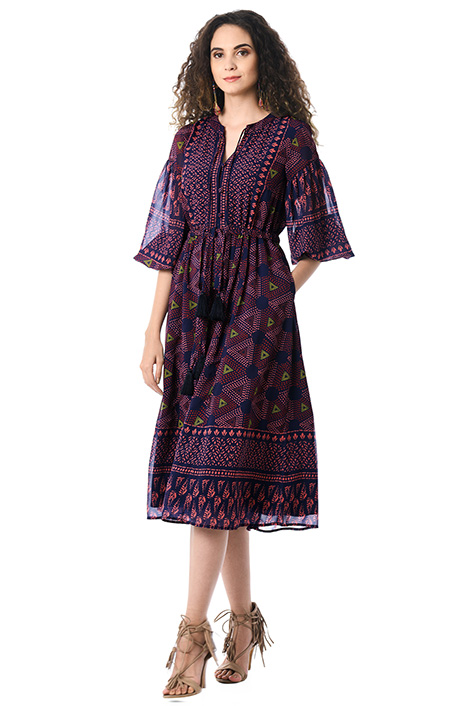 Shop Tile print ruched sleeve georgette dress | eShakti