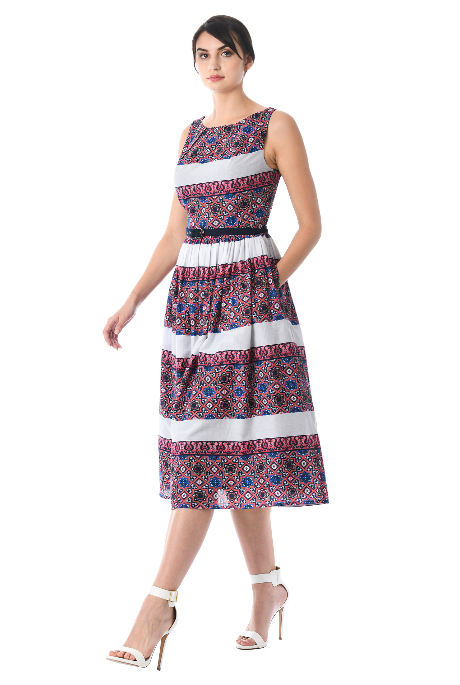 Shop Tile print cotton pleat neck midi dress | eShakti