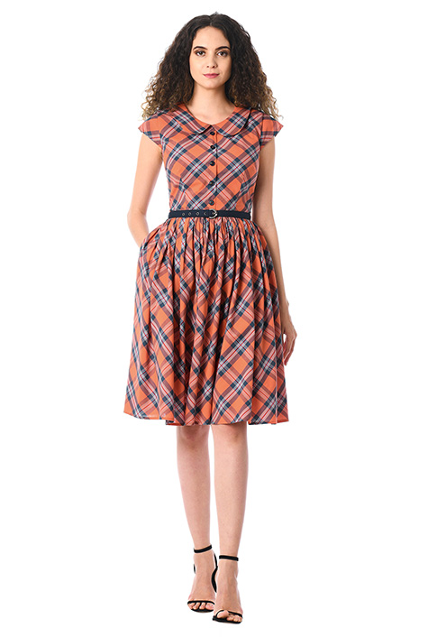 Shop Peter Pan collar cotton check belted dress | eShakti