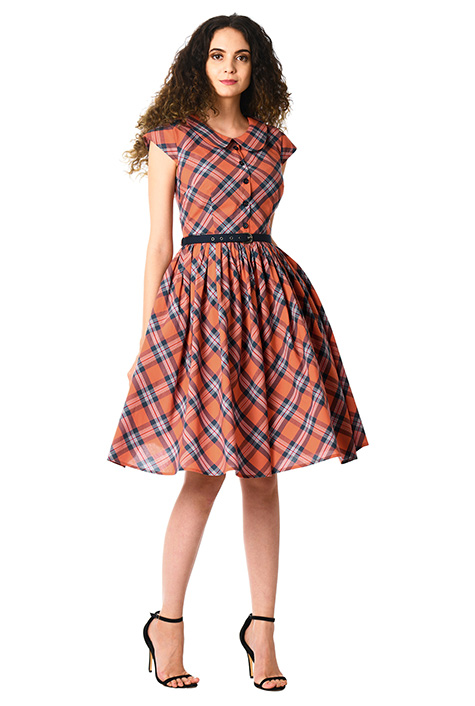 Shop Peter Pan collar cotton check belted dress | eShakti