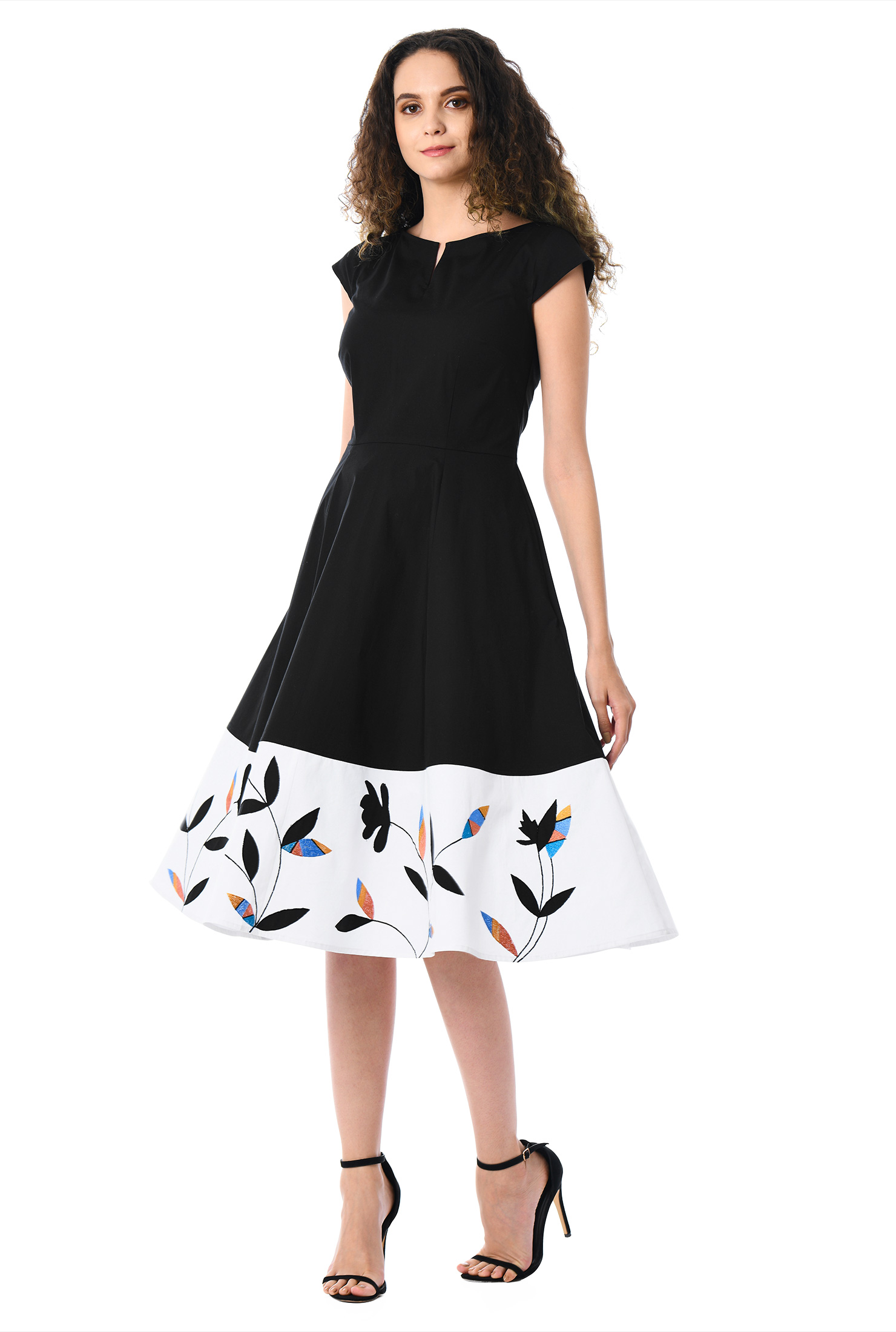 Shop Floral embellished cotton poplin colorblock dress | eShakti