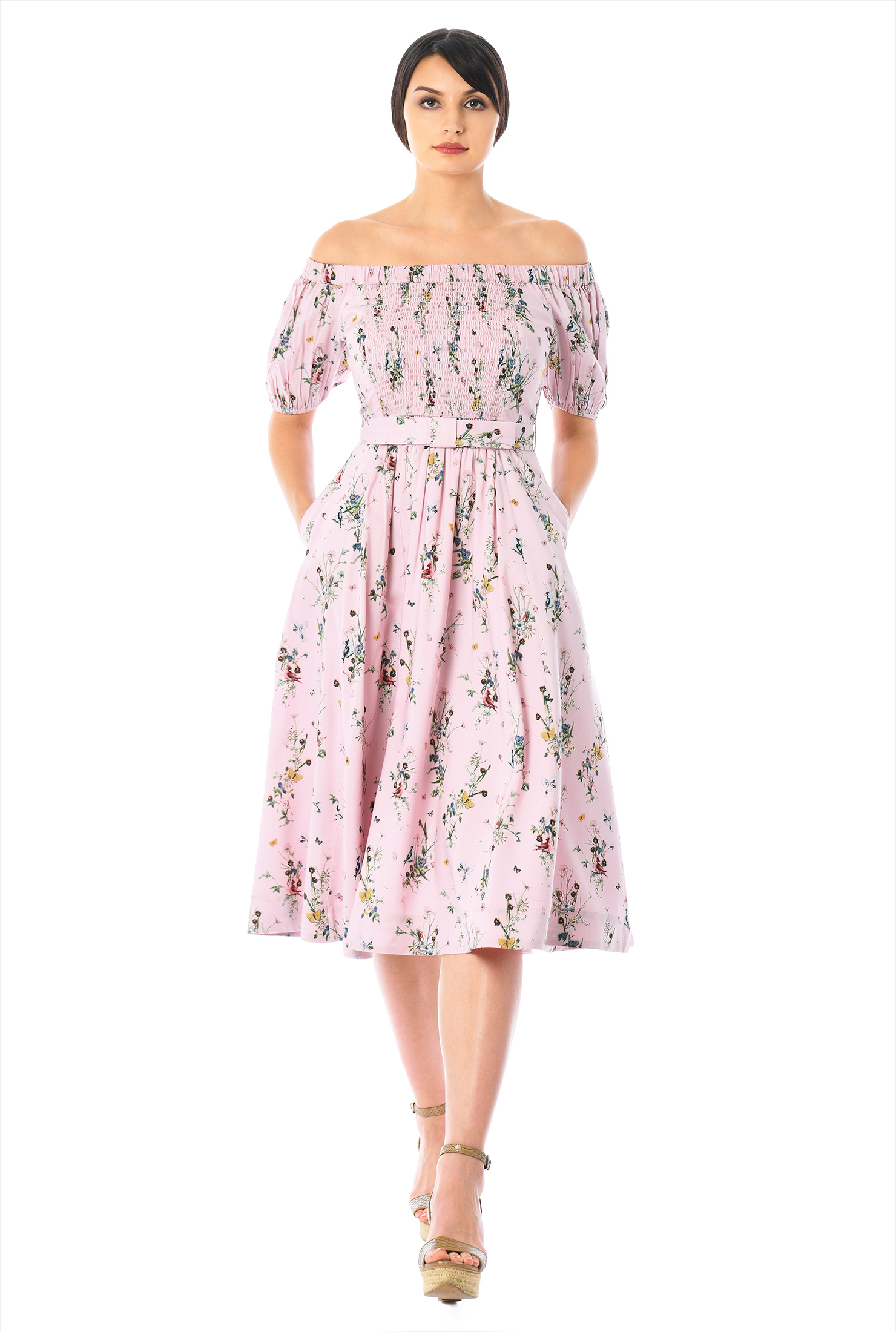 Shop Off-the-shoulder smocked floral midi dress | eShakti
