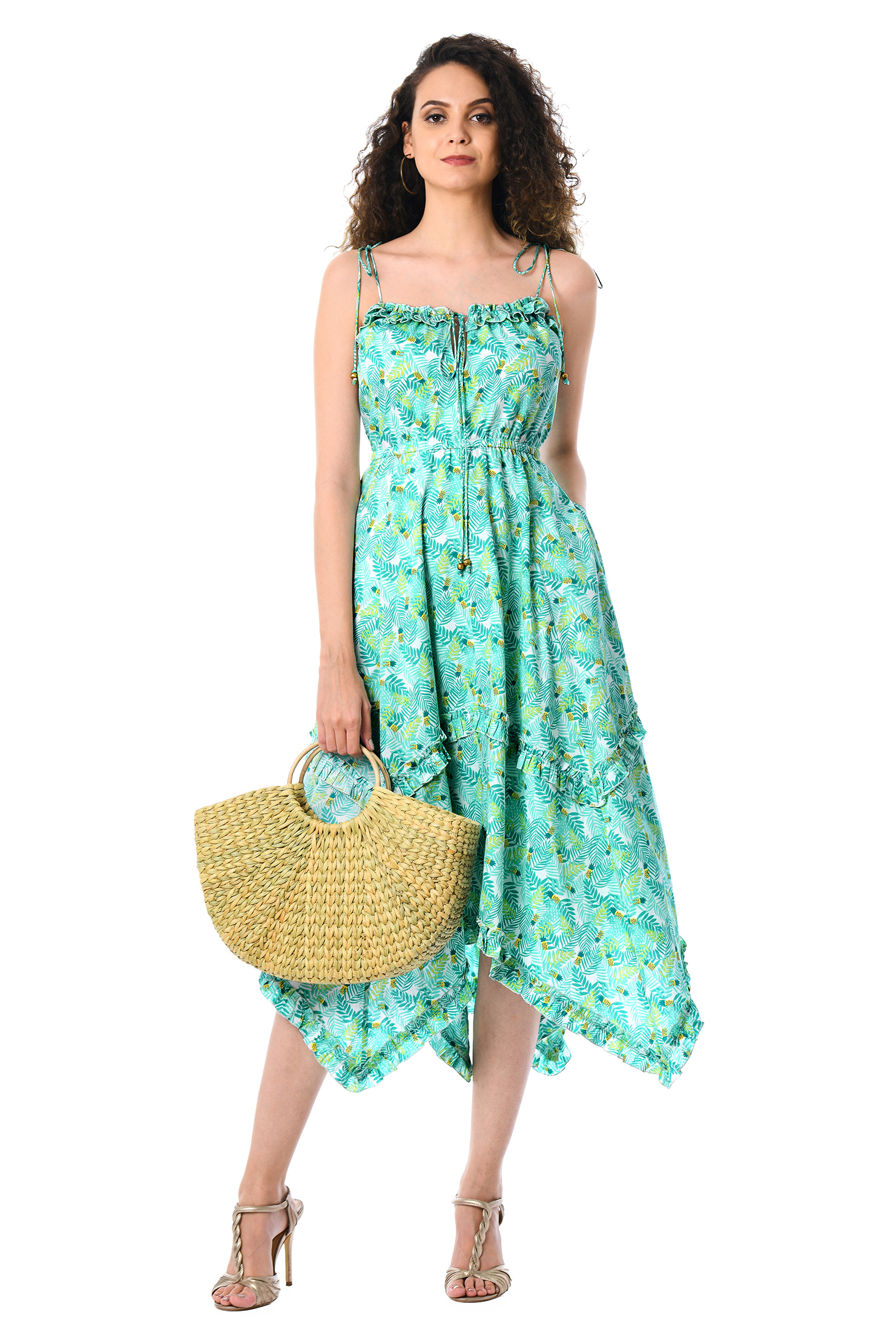 Shop Ruffle trim leaf print cotton hanky hem dress | eShakti
