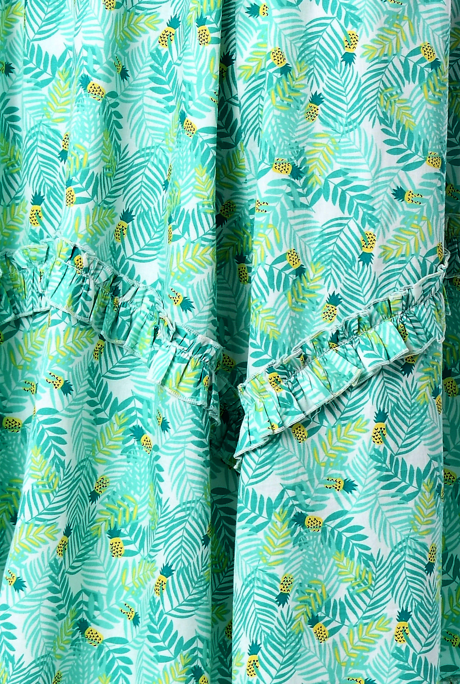 Shop Ruffle trim leaf print cotton hanky hem dress | eShakti