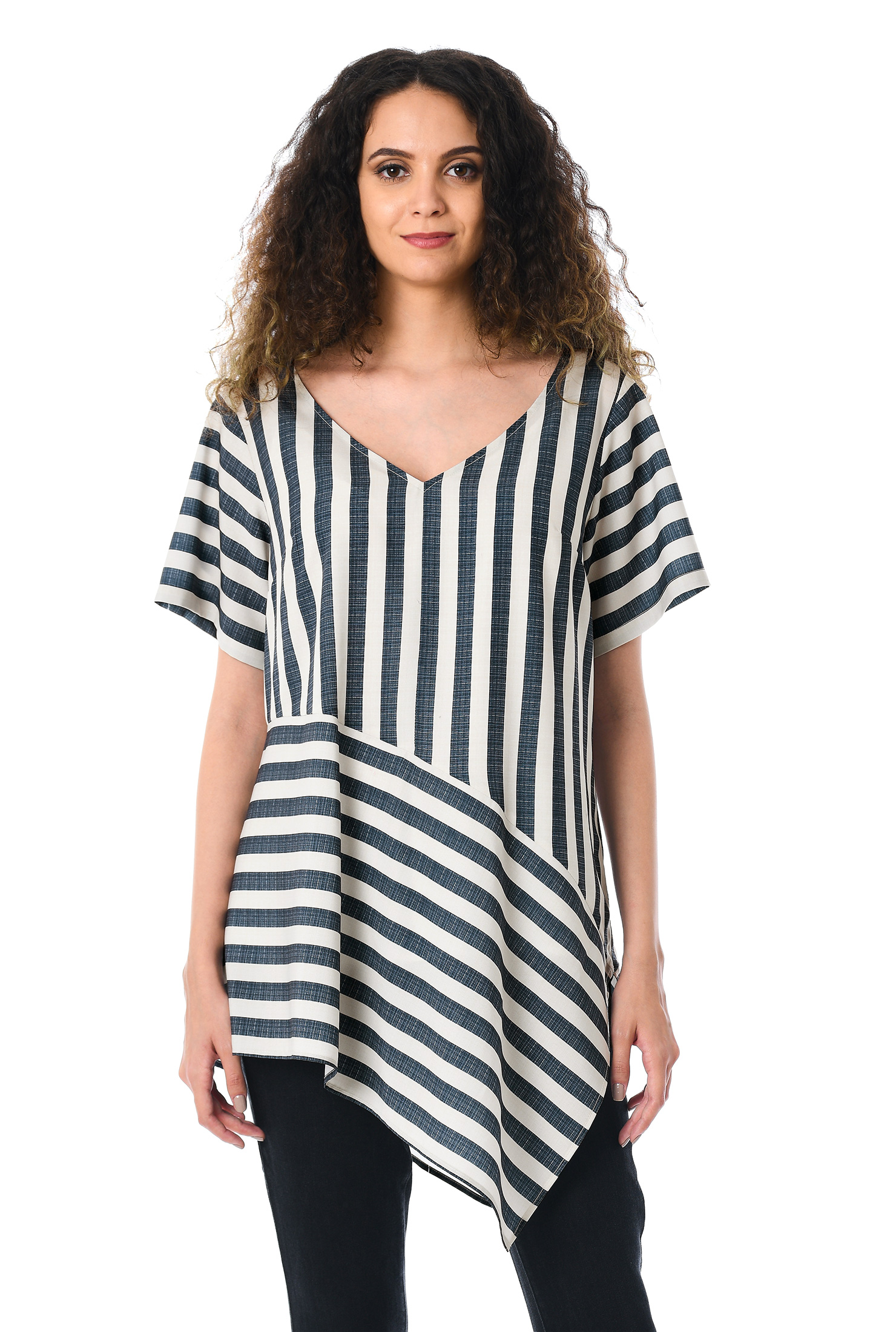 Shop Stripe print crepe asymmetric hem tunic | eShakti