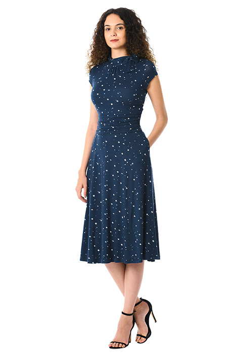 Shop Tie neck star print cotton knit dress | eShakti