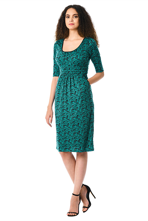 Shop Pleat waist bugle print cotton knit dress | eShakti