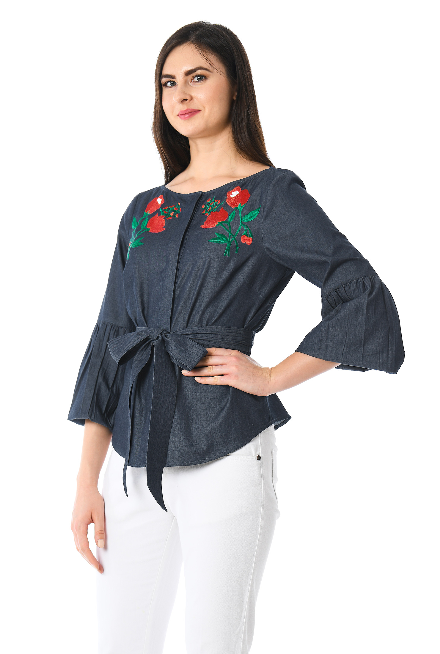 Shop Floral embellished cotton chambray blouse | eShakti