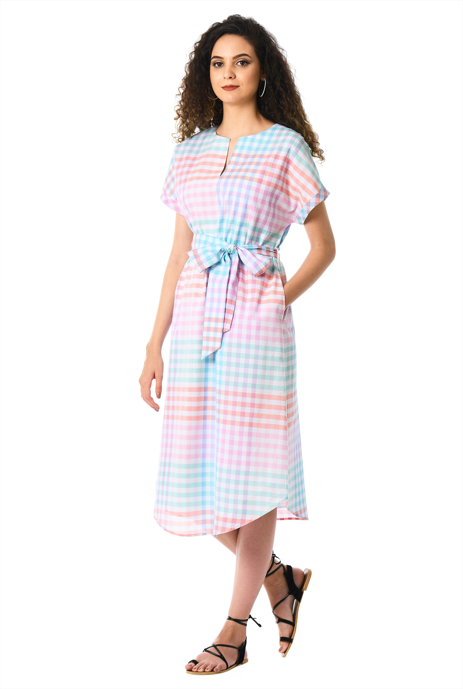 Shop Gingham check split neck shift dress | eShakti