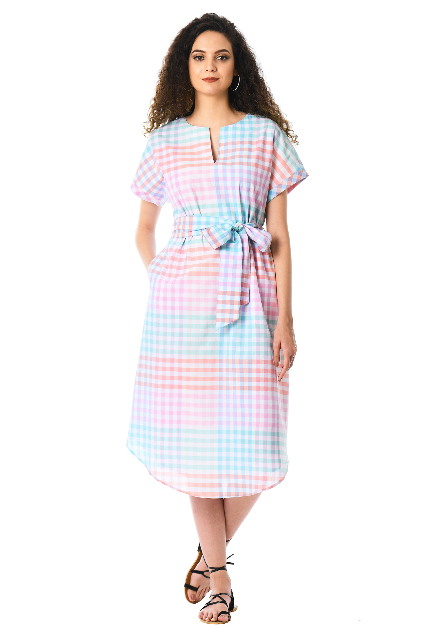 Shop Gingham check split neck shift dress | eShakti
