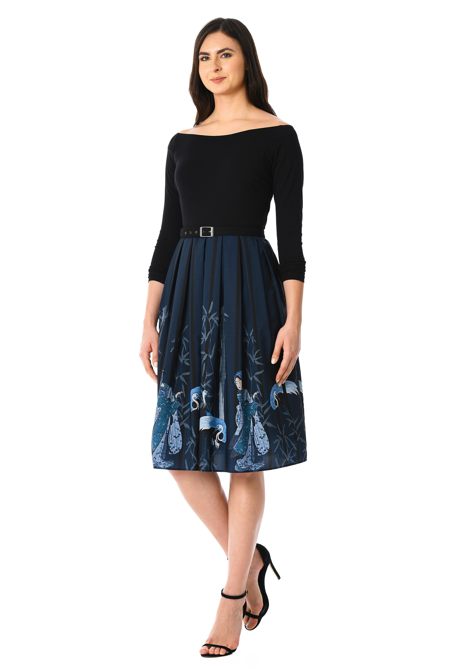 Shop Geisha print belted mixed media dress | eShakti