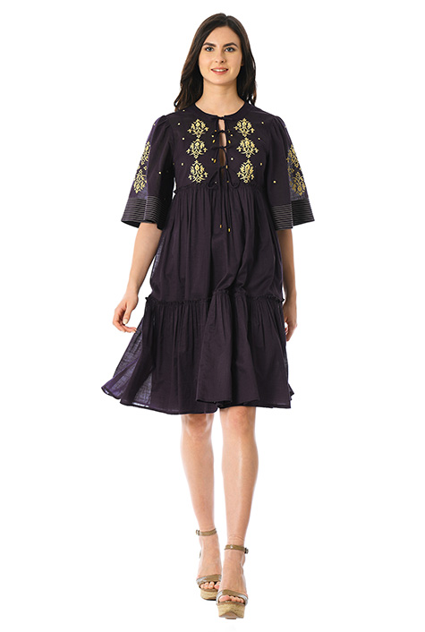 Shop Lace-up embellished cotton ruffle tier shift dress | eShakti