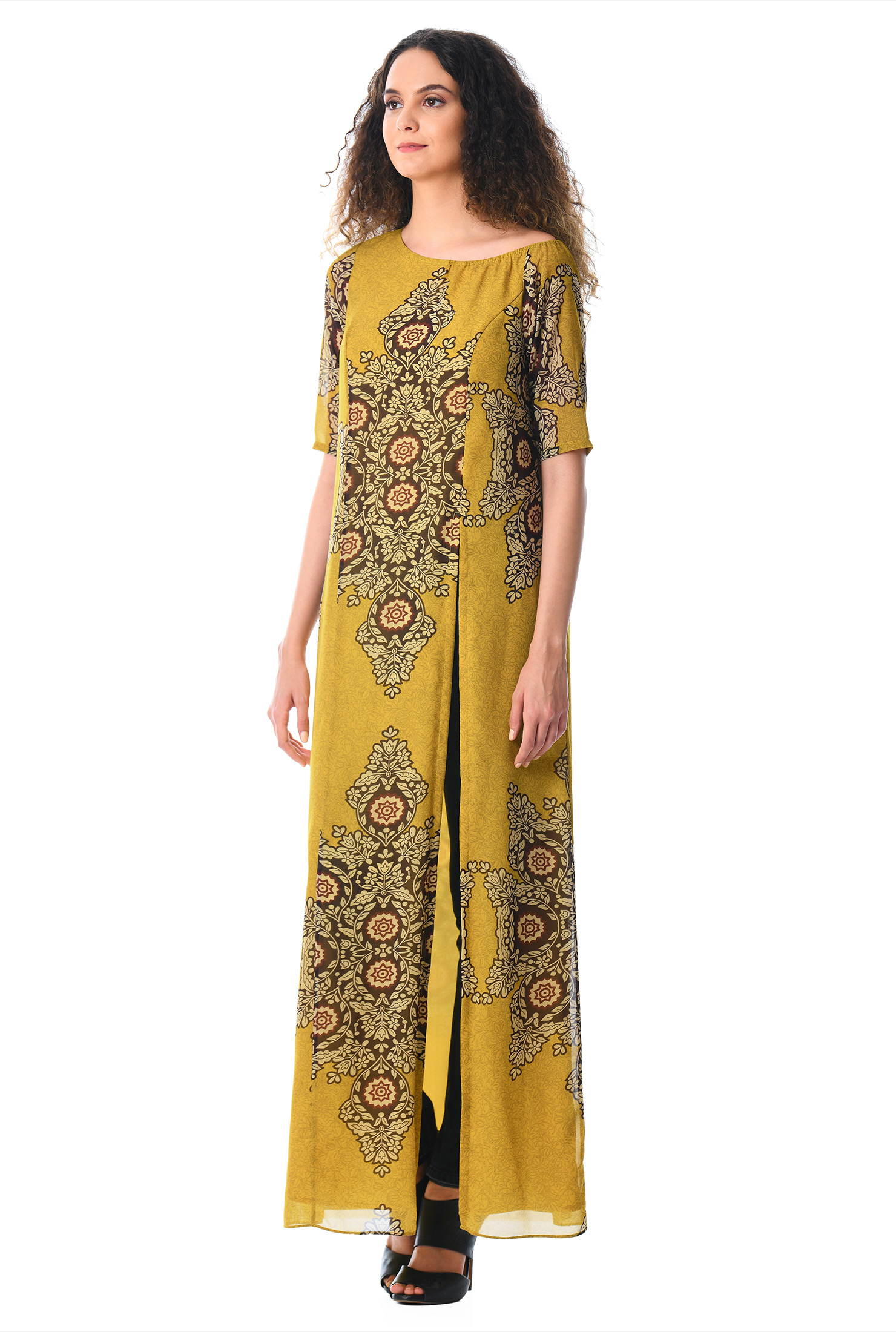 Shop Side vent graphic floral georgette maxi tunic | eShakti
