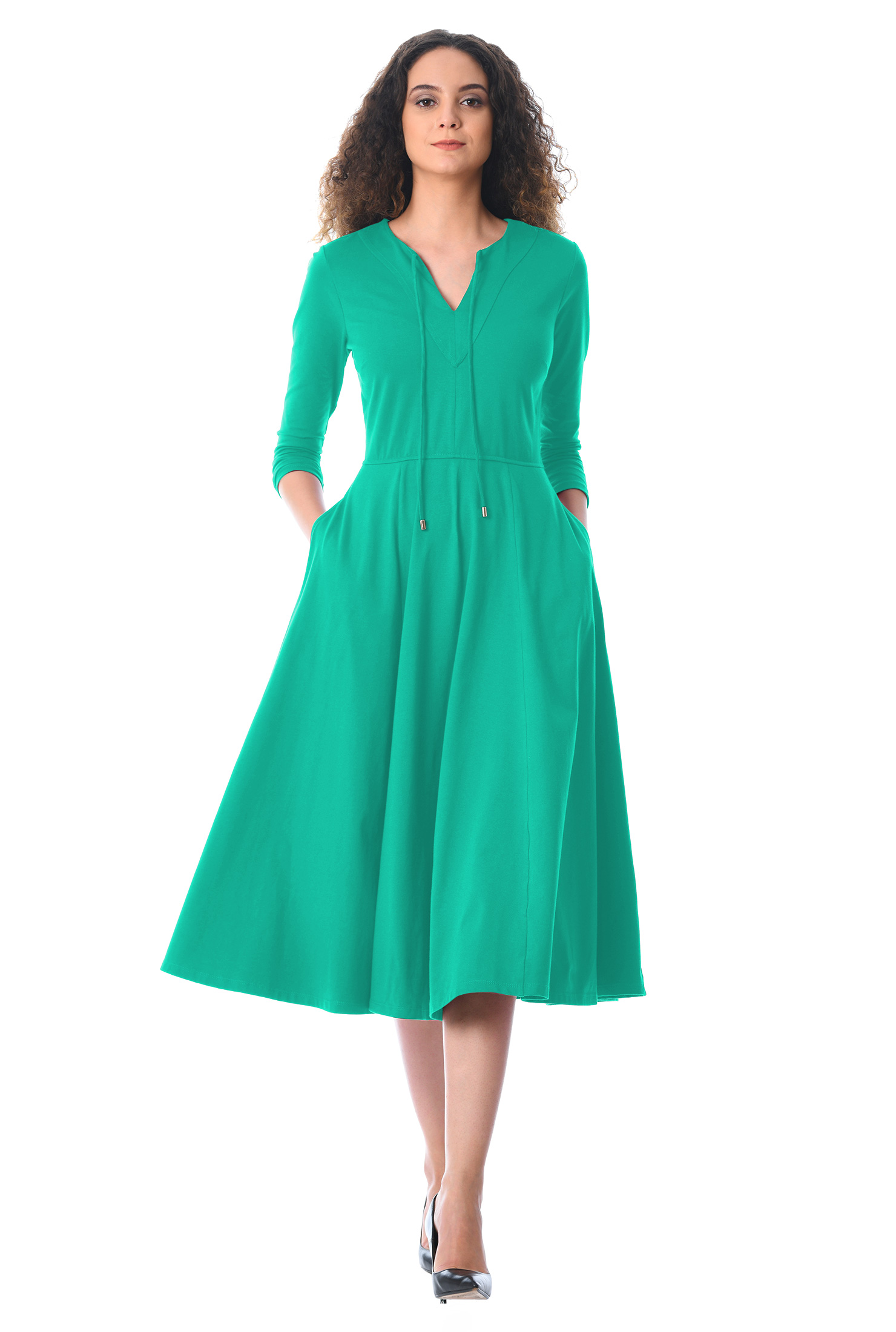 Shop Ribbon tie neck cotton knit dress | eShakti