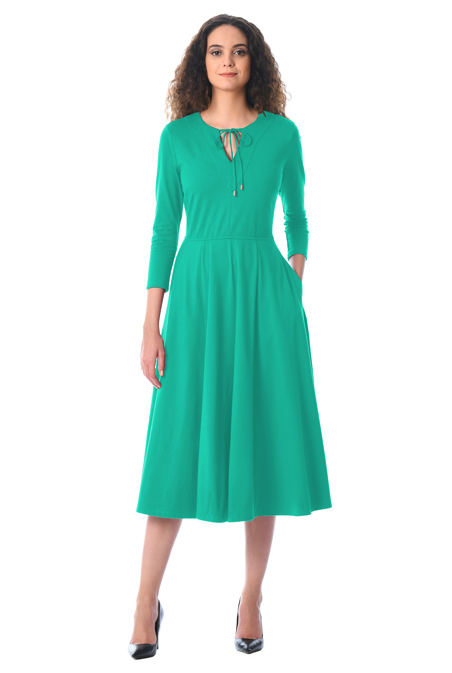Shop Ribbon tie neck cotton knit dress | eShakti