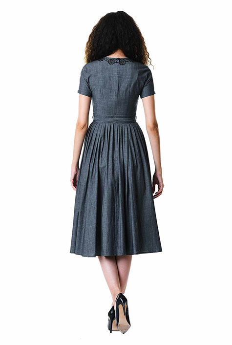 Shop Floral embellished bib cotton chambray sash tie dress | eShakti