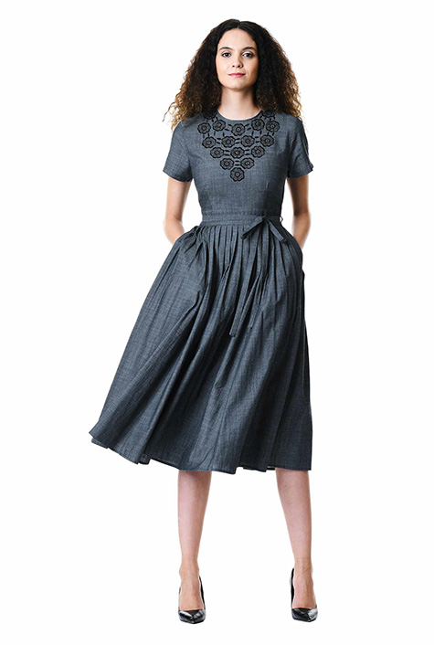 Shop Floral embellished bib cotton chambray sash tie dress | eShakti