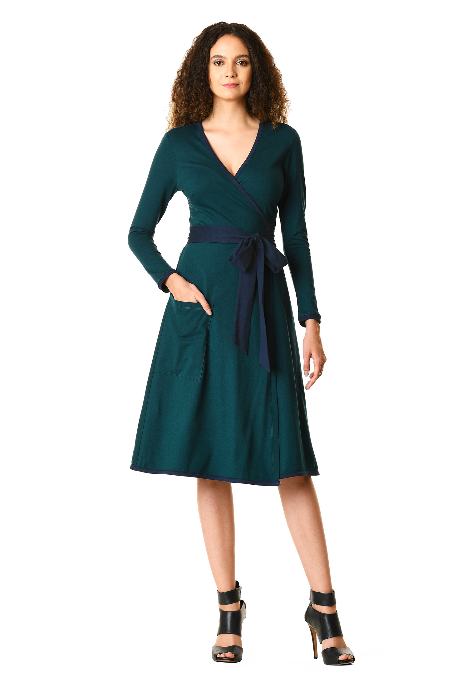Shop Contrast trim cotton knit wrap dress | eShakti