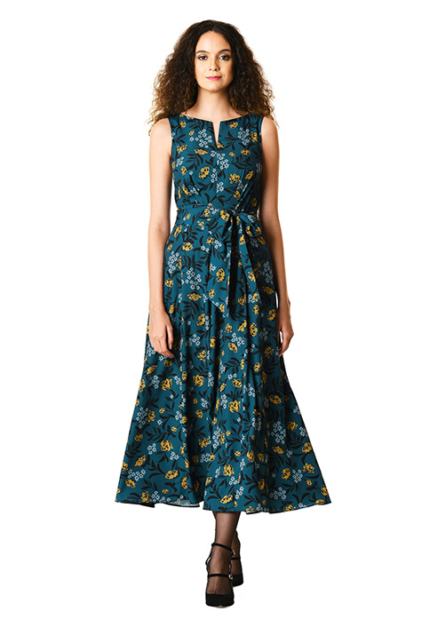Shop Floral print crepe sash midi dress | eShakti