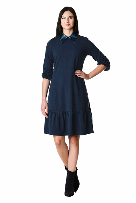Shop Check print collar cotton knit shift dress | eShakti