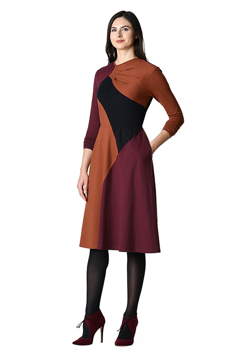 Shop Asymmetric colorblock cotton knit dress | eShakti