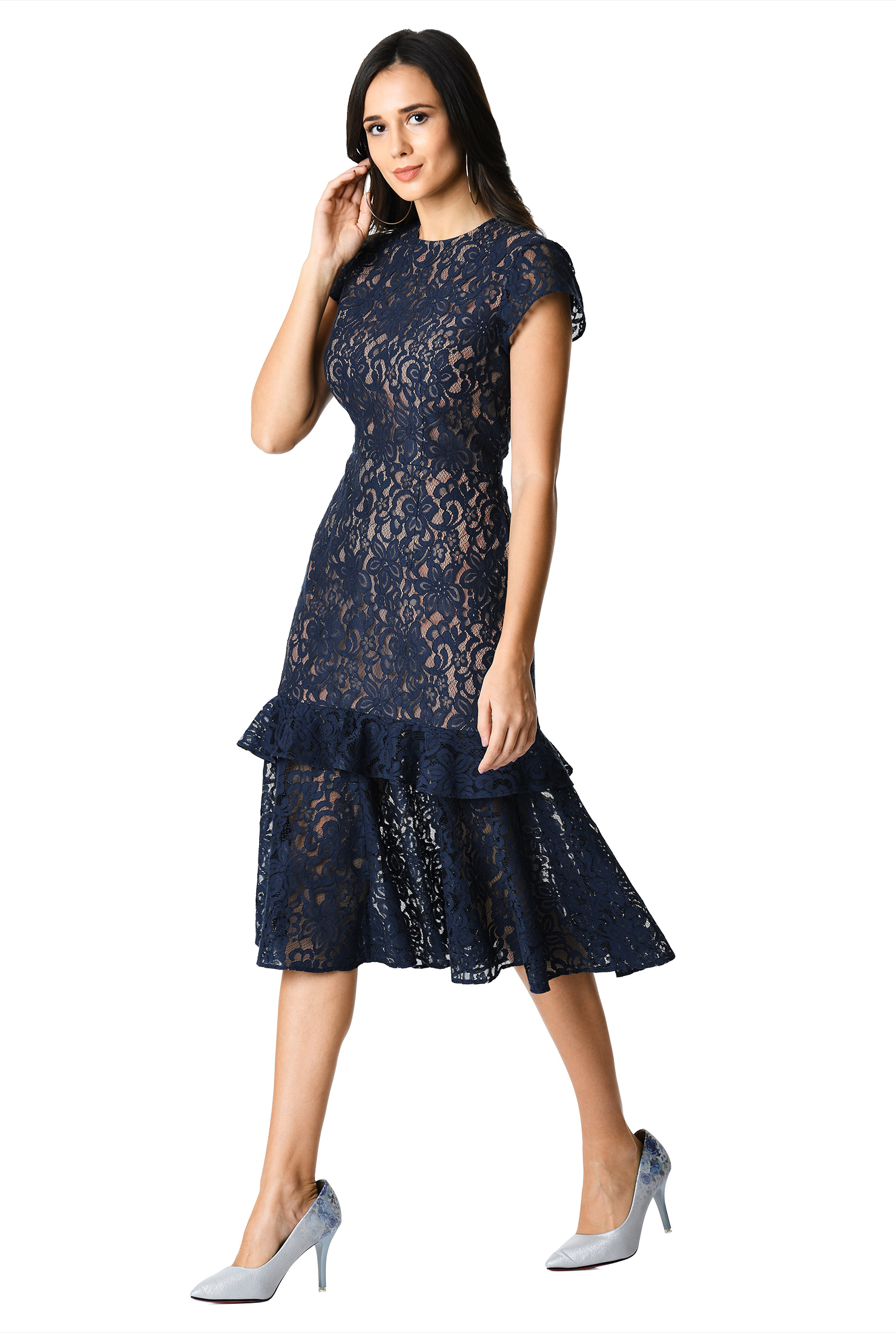 Shop Tiered flounce hem floral lace dress | eShakti