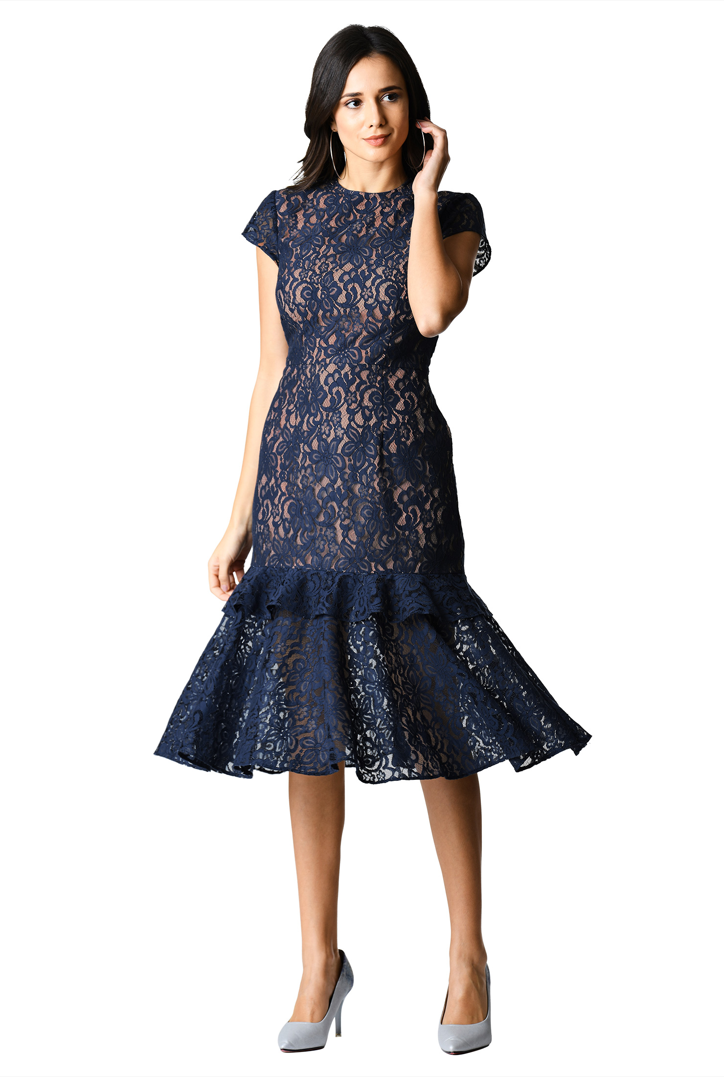 Shop Tiered flounce hem floral lace dress | eShakti