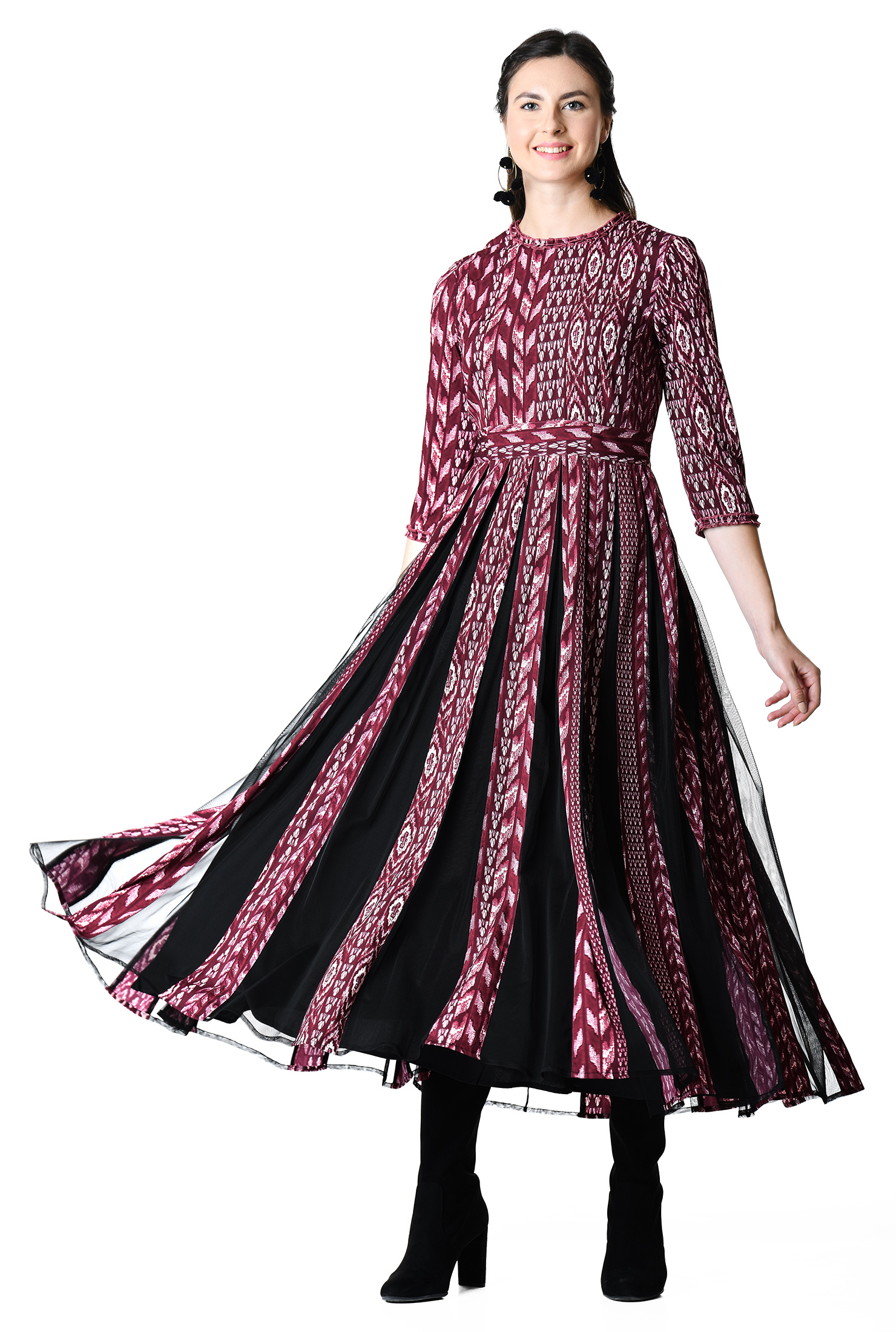 Shop Graphic print and tulle godet maxi dress | eShakti