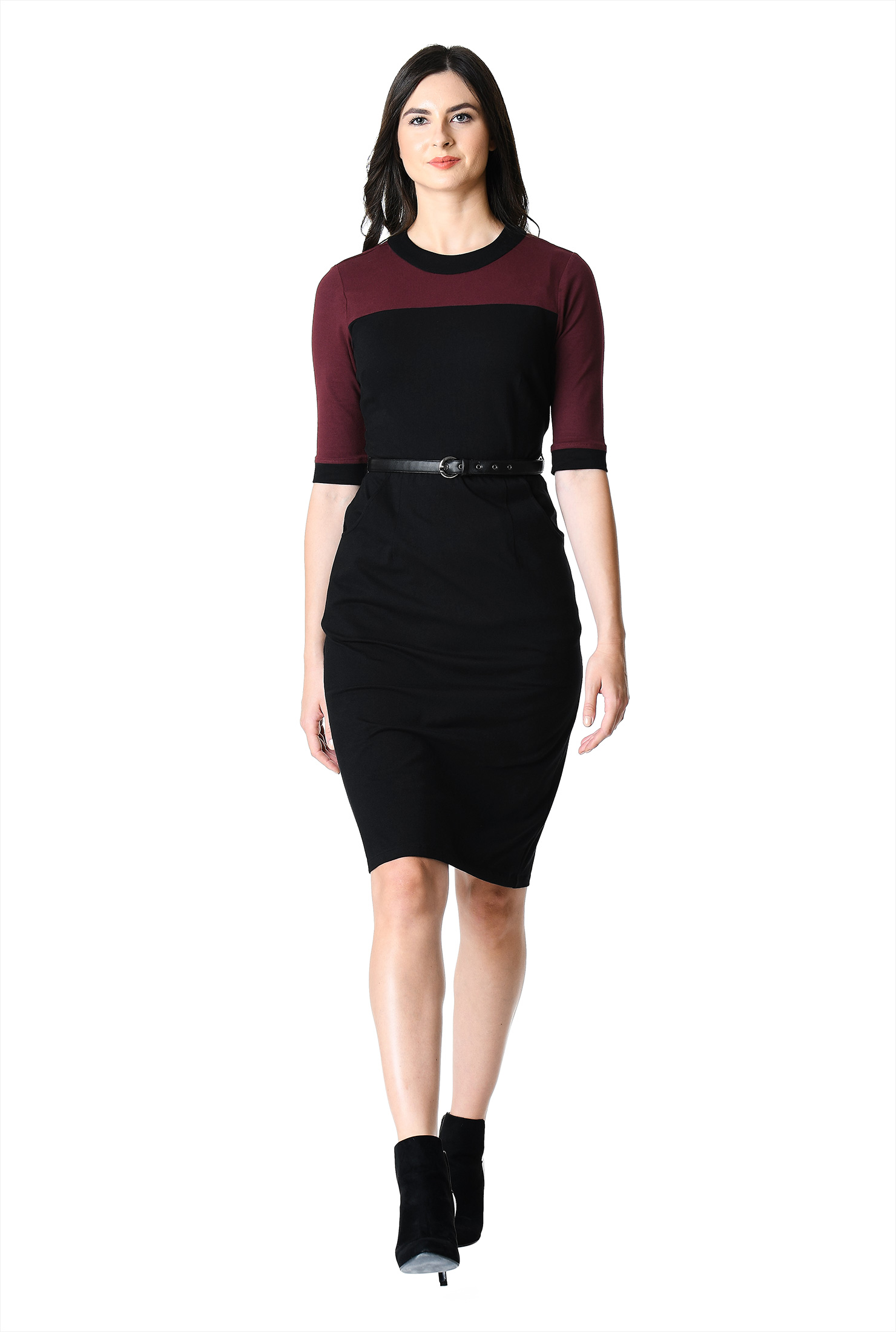 Shop Colorblock cotton knit belted sheath dress | eShakti