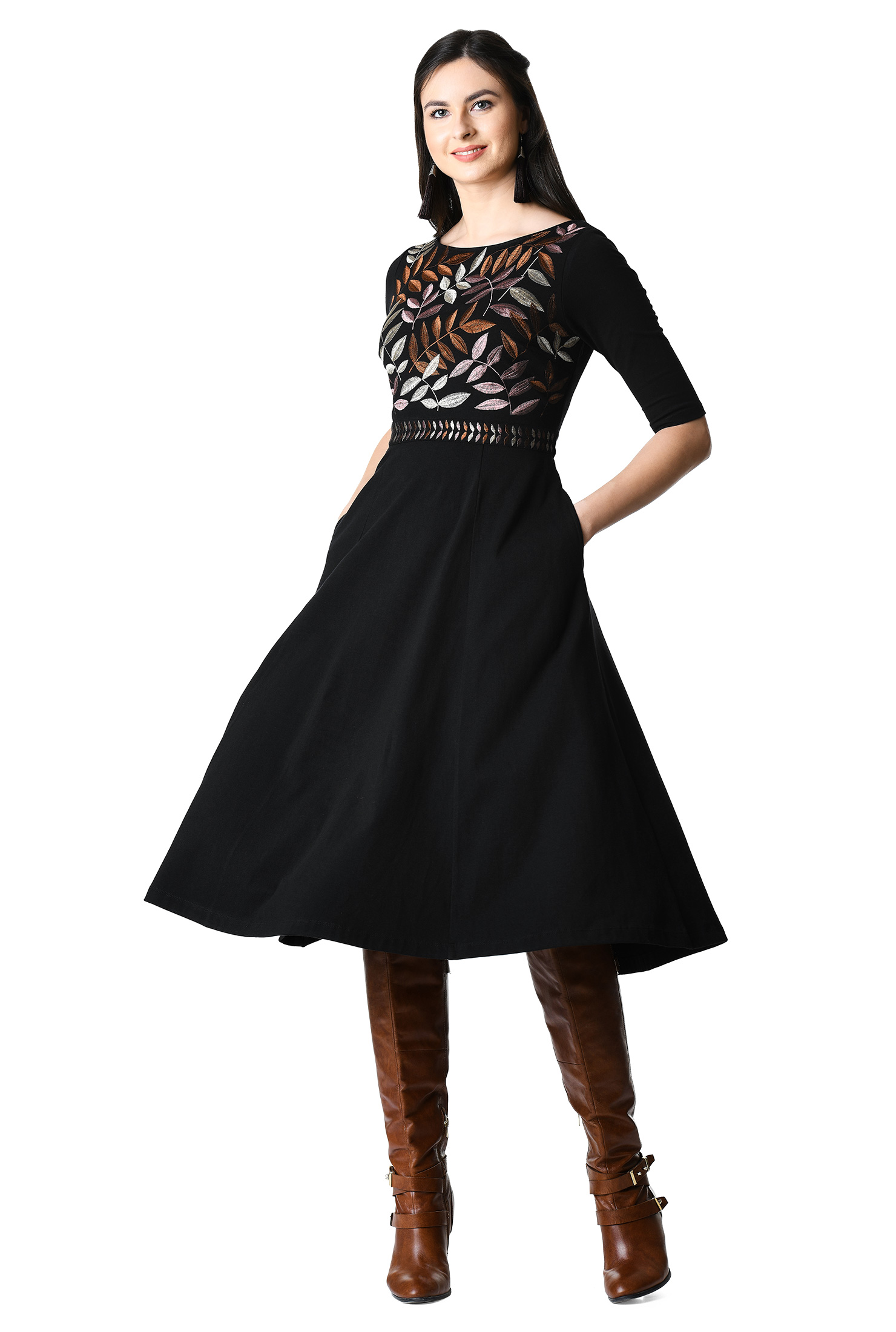 Shop Leaf embellished cotton knit dress | eShakti