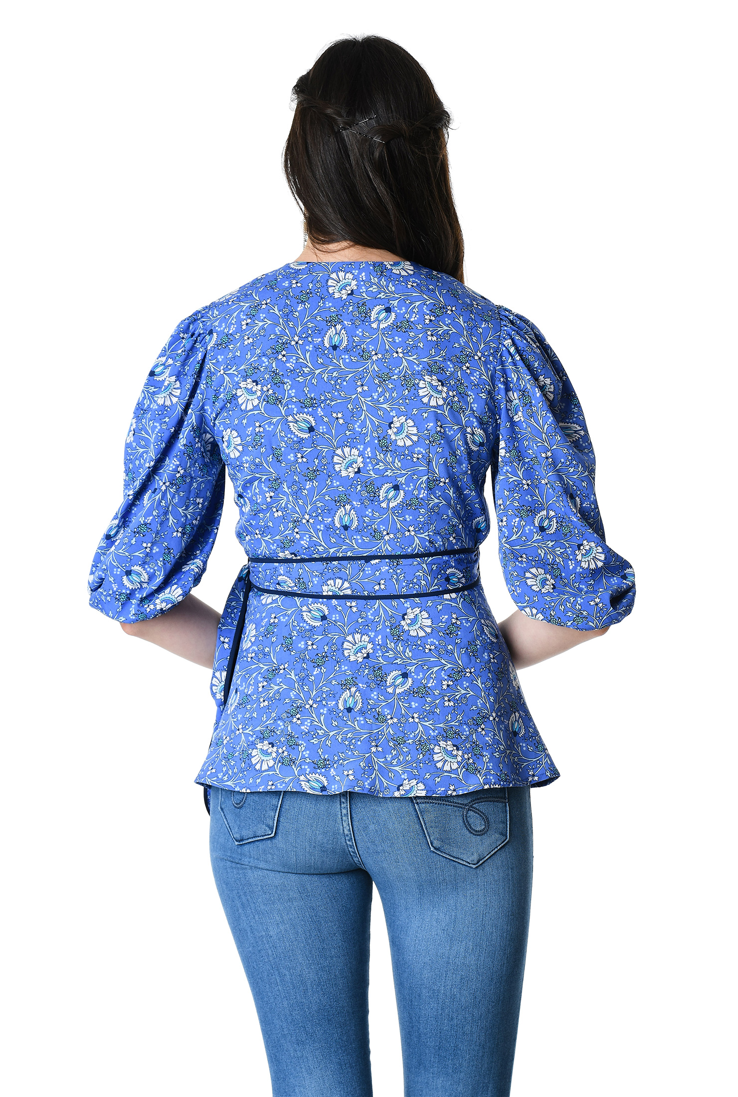 Shop Floral print billowy sleeve crepe wrap top | eShakti