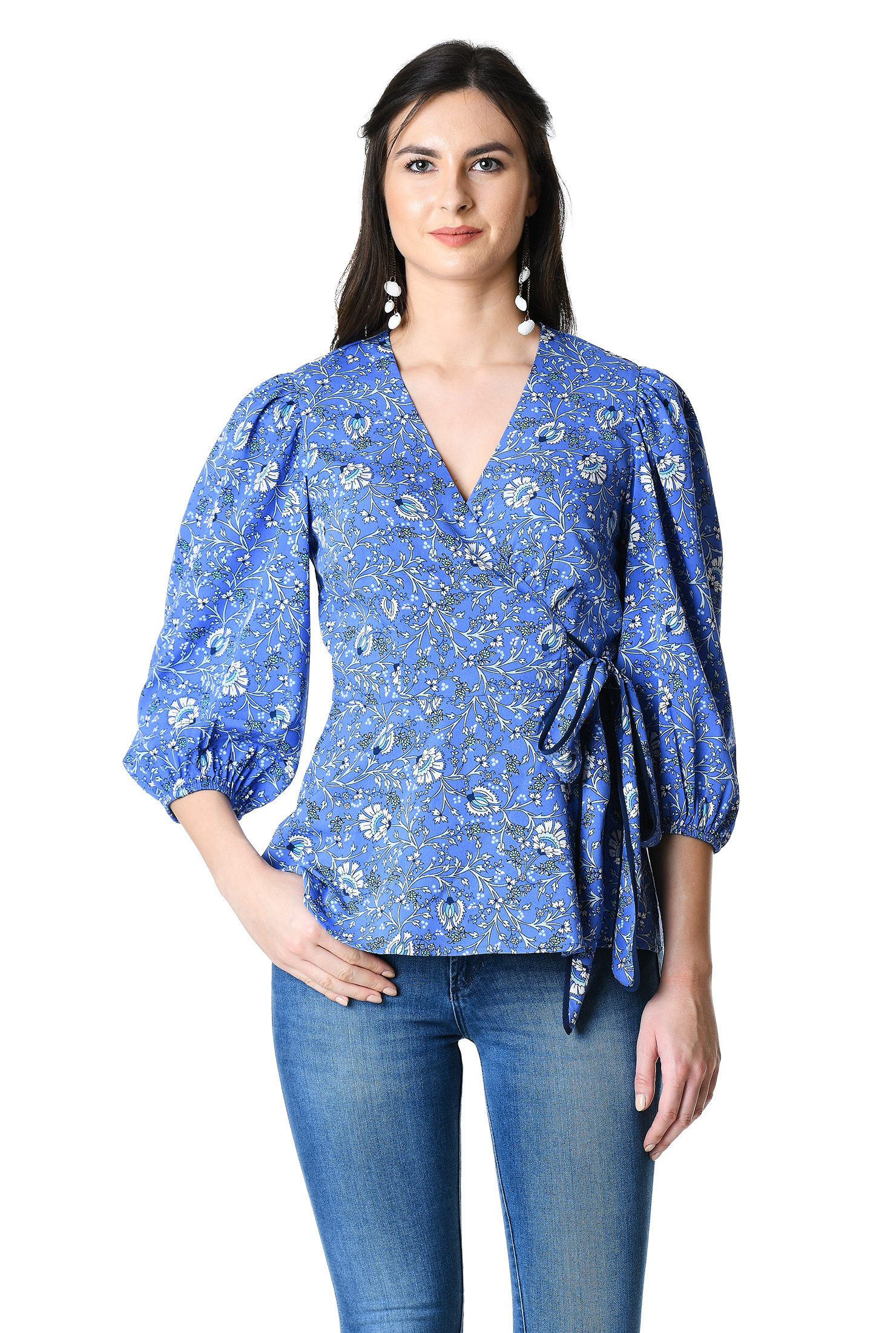 Shop Floral print billowy sleeve crepe wrap top | eShakti