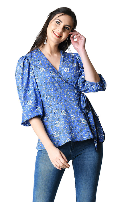Shop Floral print billowy sleeve crepe wrap top | eShakti