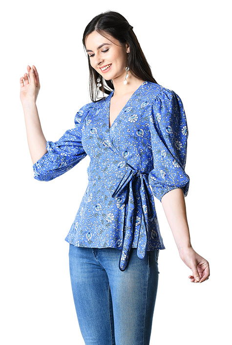 Shop Floral print billowy sleeve crepe wrap top | eShakti