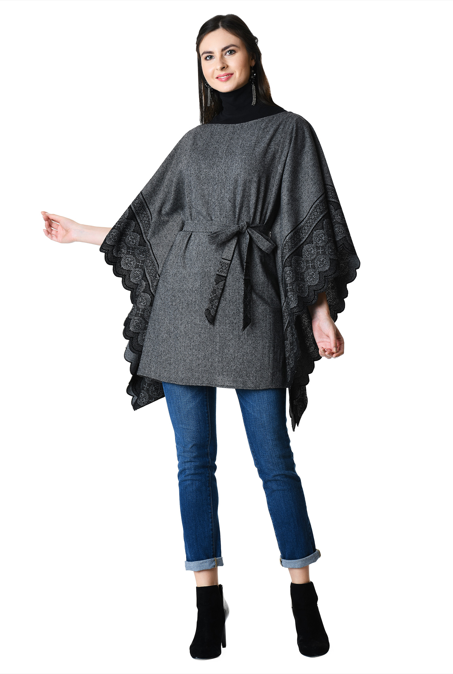 Shop Scallop border print wool blend poncho | eShakti