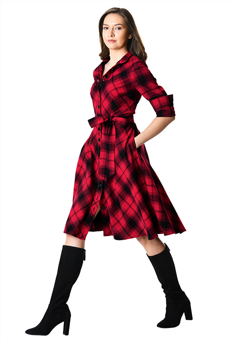 Shop Cotton plaid sash tie shirtdress | eShakti