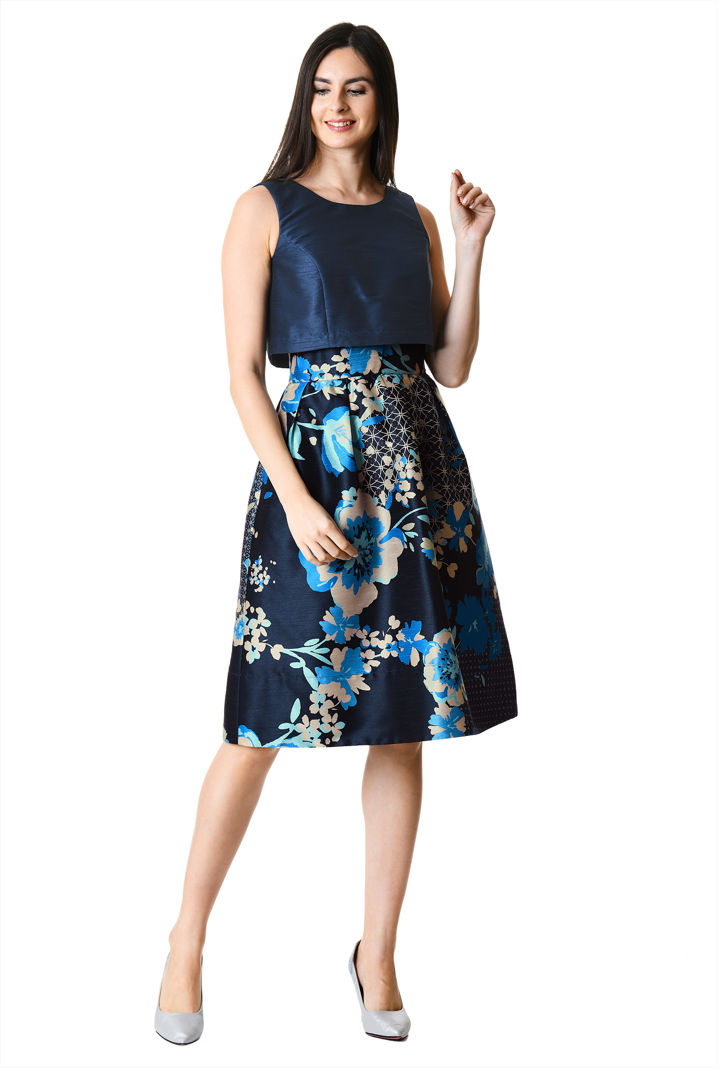 Shop Graphic floral print dupioni two-piece dress | eShakti