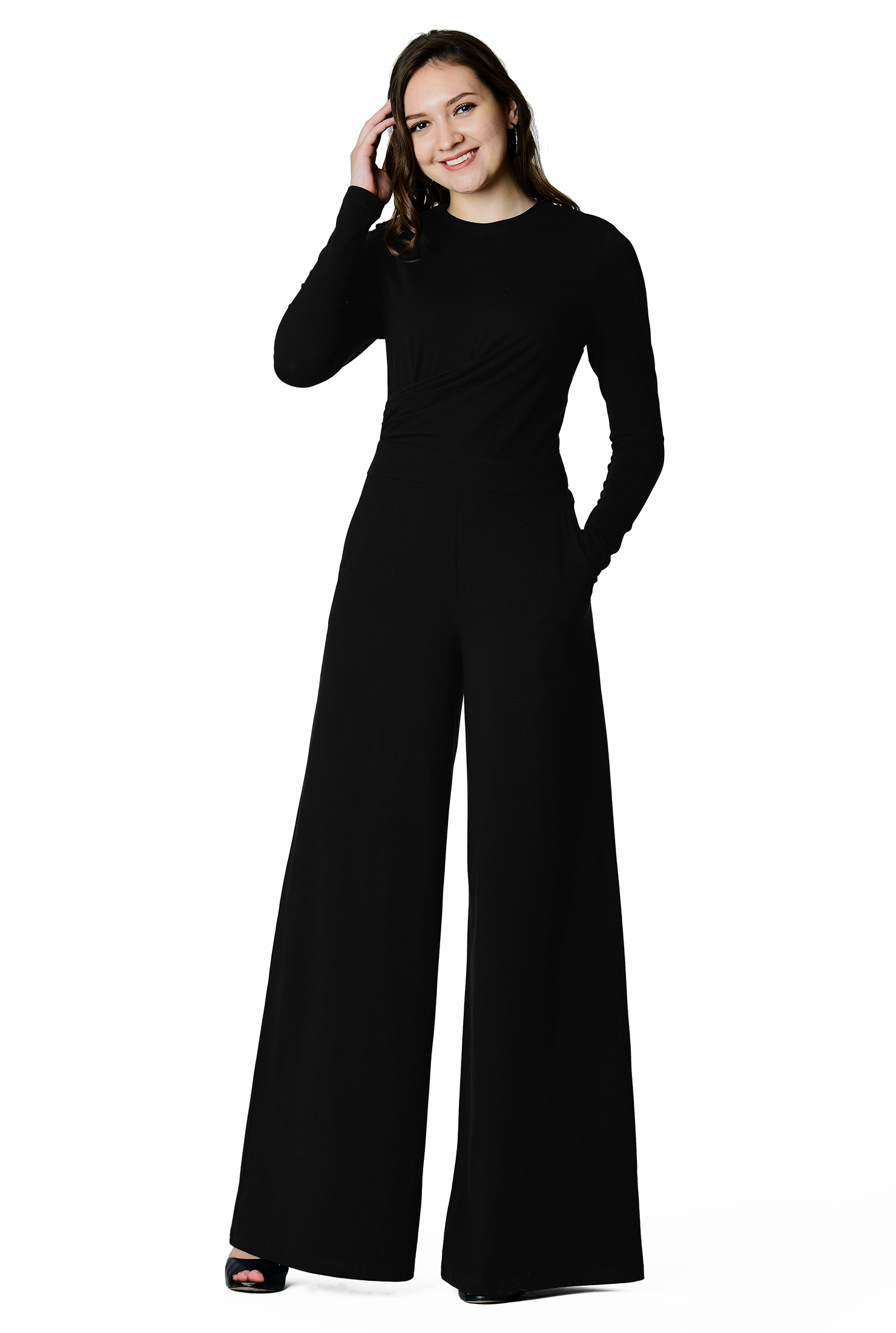 Shop Asymmetric pleated cotton knit jumpsuit | eShakti