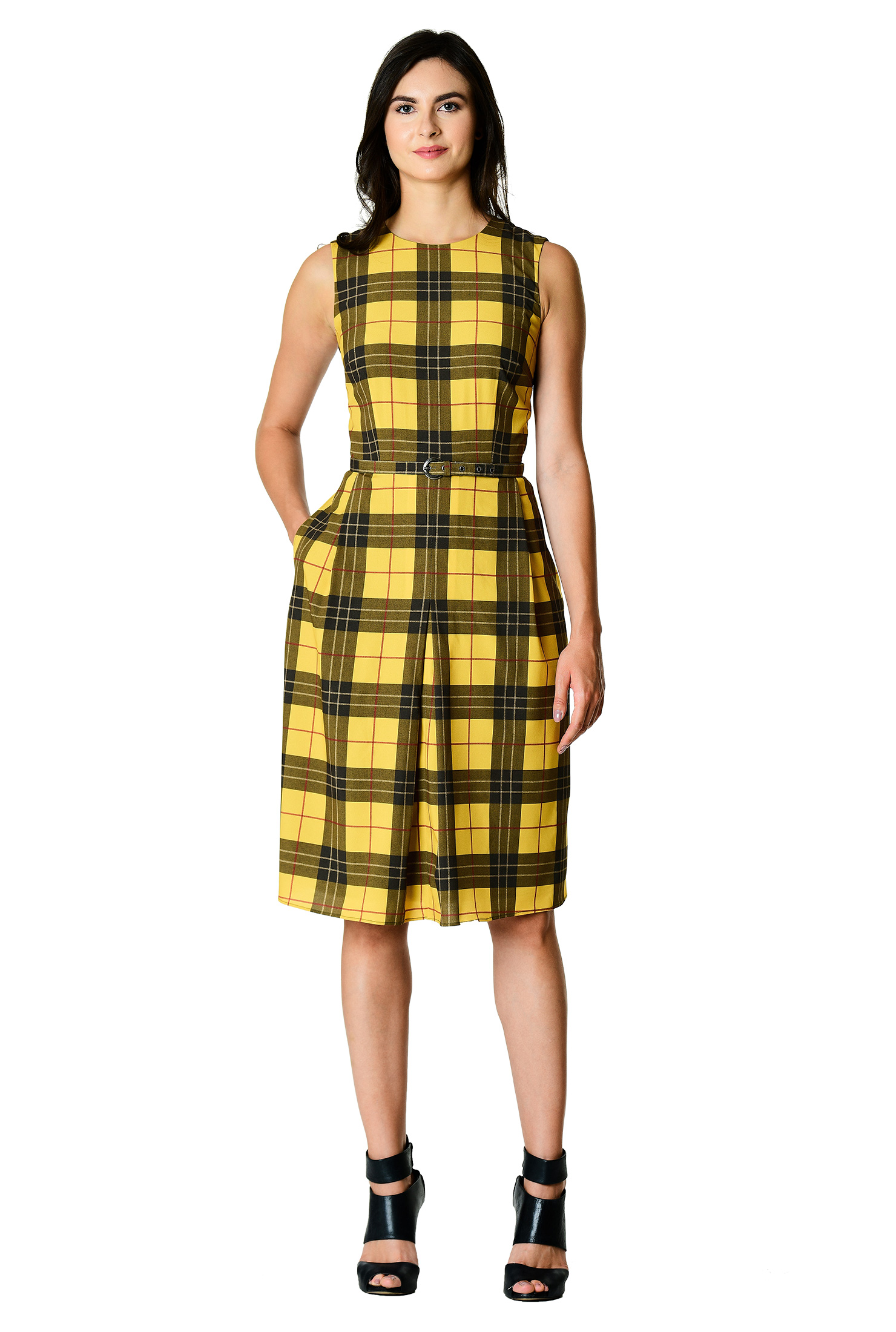 Shop Check print crepe belted dress | eShakti