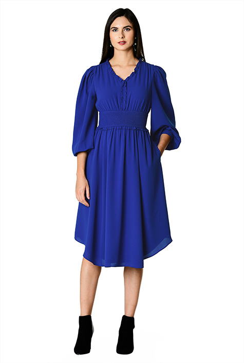 Shop Ruffle trim smocked waist crepe dress | eShakti