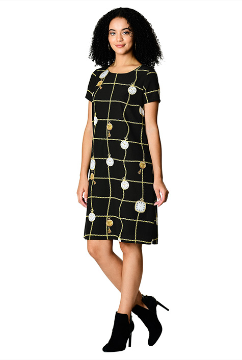 Shop Pocket watch print crepe shift dress | eShakti