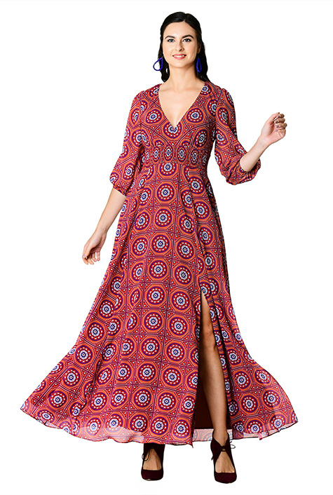 Shop Vented front tile print chiffon maxi dress | eShakti