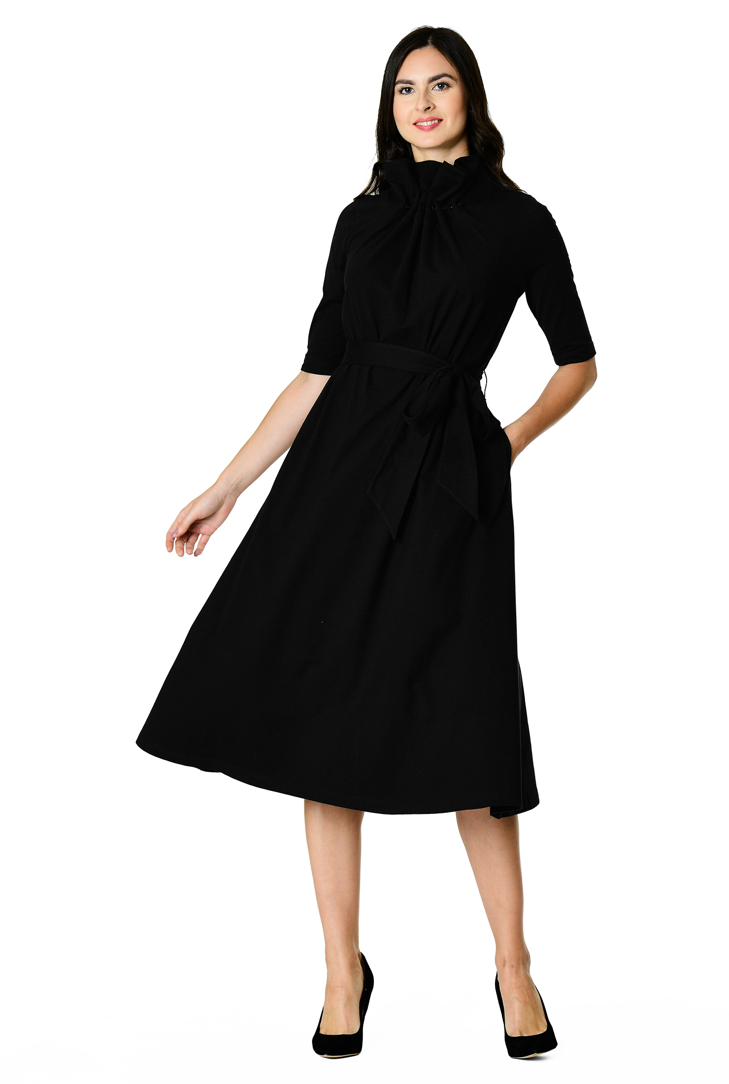 Shop Ruffle high neck cotton knit shift dress | eShakti